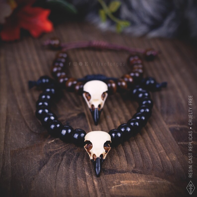 Crow Skull Bracelet With Wood Beads Customizable Size Resin | Etsy