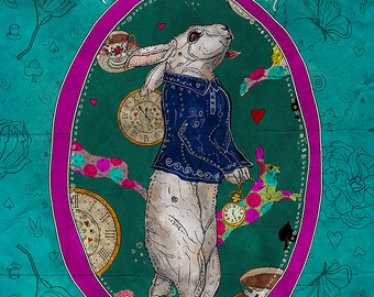 White Rabbit Art Print 7.5x10, Surreal Rabbit/ Hookah-smoking ...