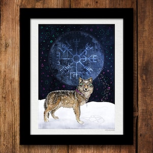 WOLF MOON, Wolf Art Print, Vegvisir, Norse Pagan Decor - Etsy