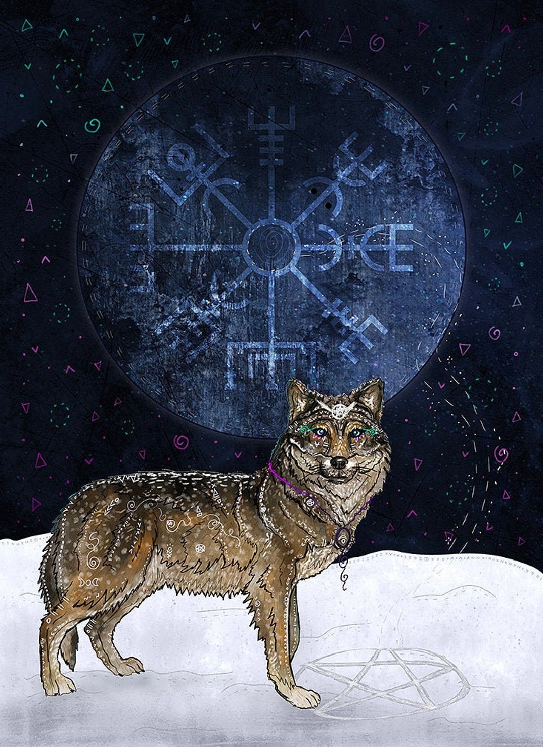 WOLF MOON, Wolf Art Print, Vegvisir, Norse Pagan Decor - Etsy