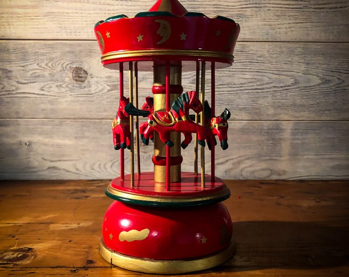 Vintage Carousel Merry-go-round Music Box Carved Wood Horses Ca 1970s ...