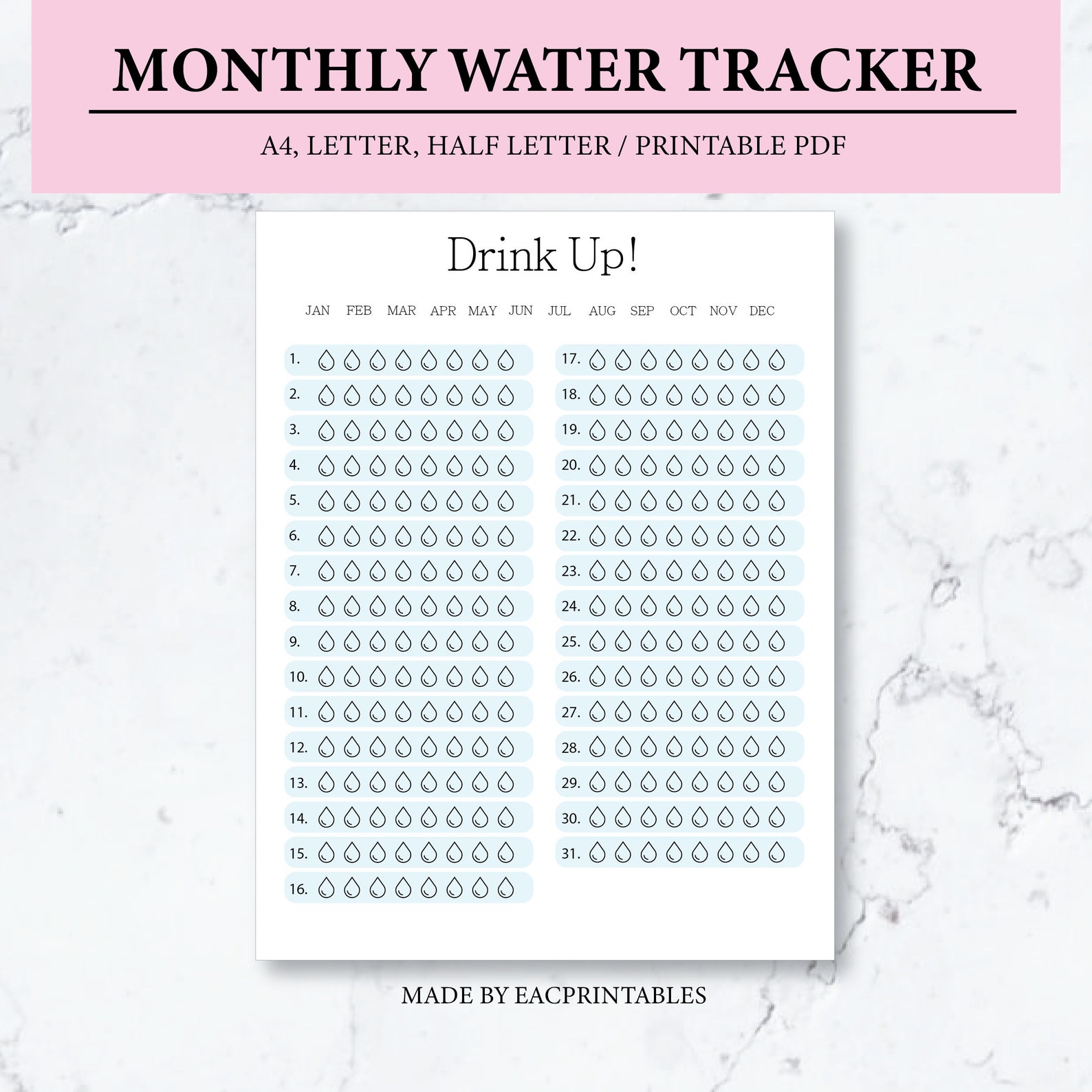 Monthly Water Tracker, Digital Water Log, Instant Download, Printable ...