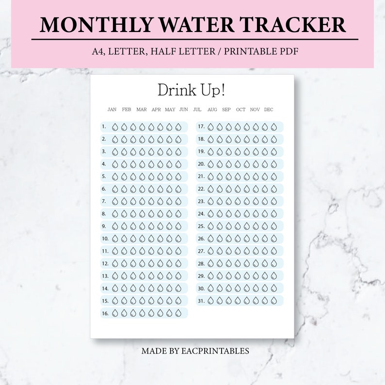 Monthly Water Tracker, Digital Water Log, Instant Download, Printable ...