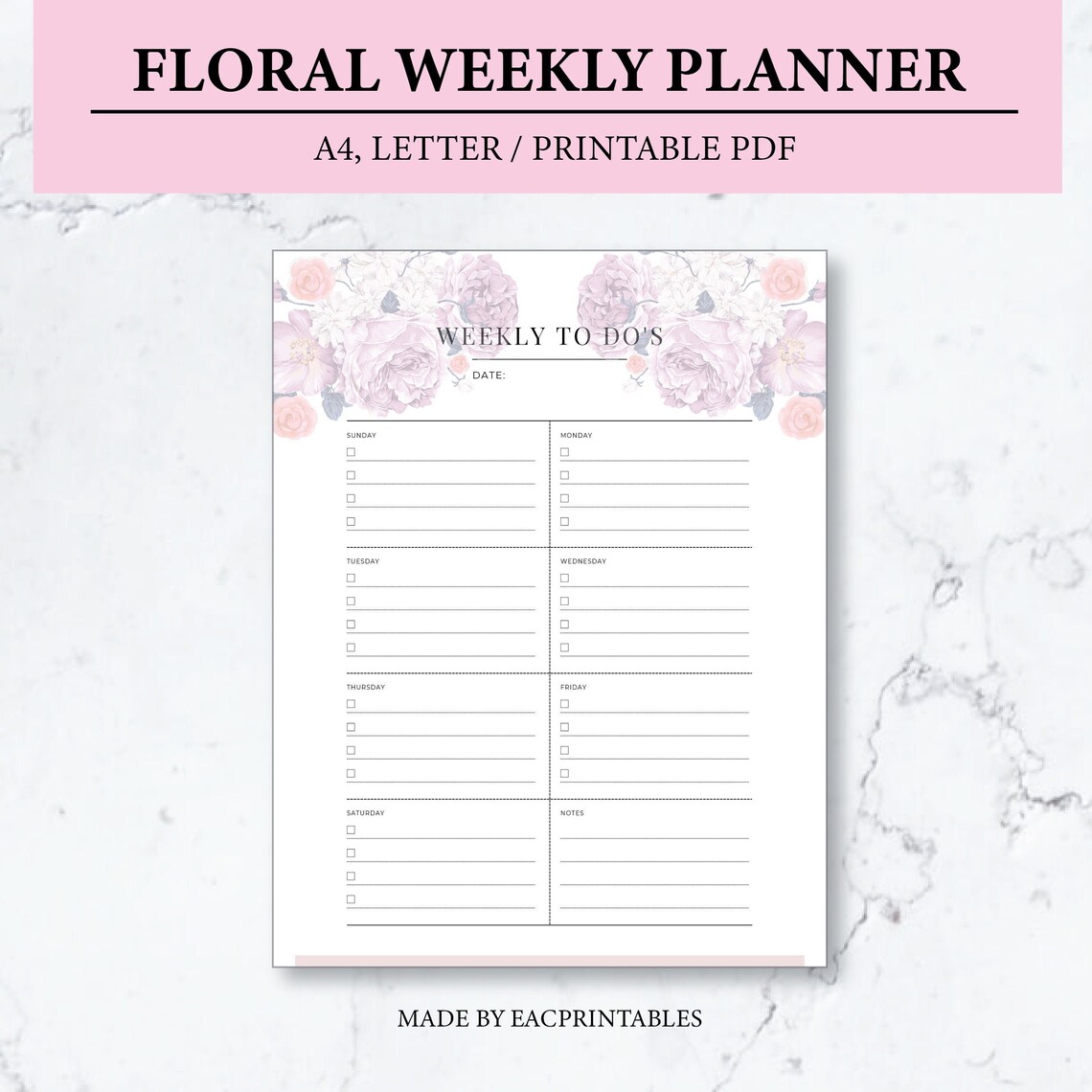 Floral Weekly Planner Printable, Instant Download, Undated Weekly ...