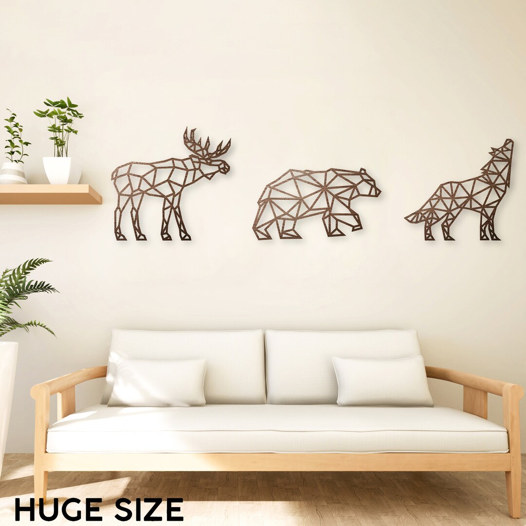 Geometric Bear - Wolf - Elk Wall Art Set of 3, Laser Cut Forest Animal ...