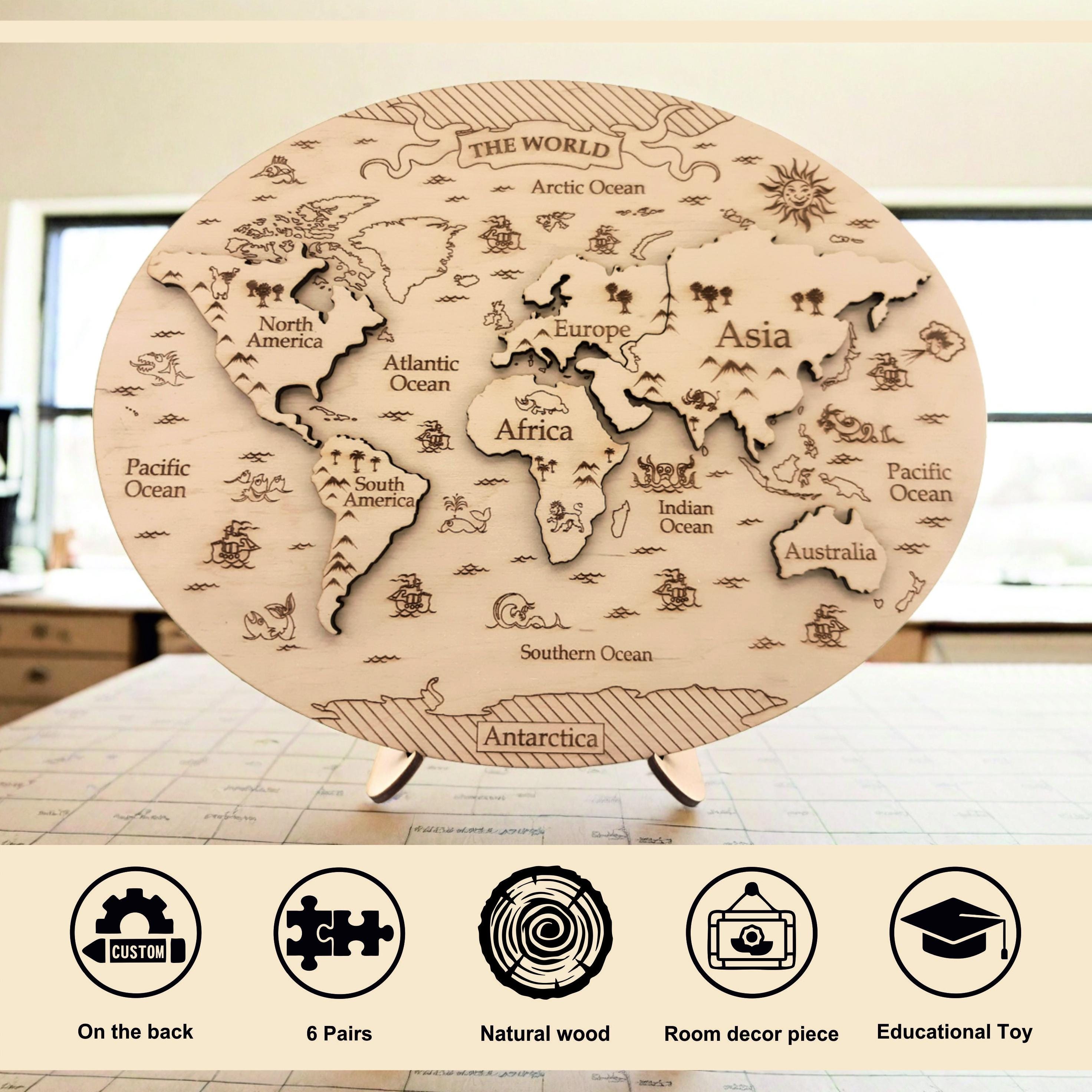 Wooden World Map Puzzle: Montessori Continents & Oceans Educational Toy ...