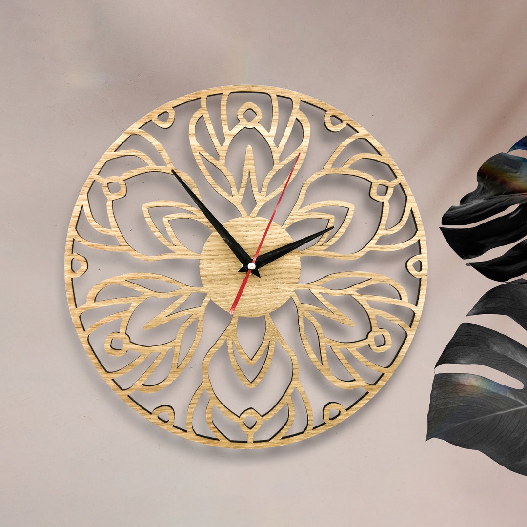 Laser Cut Flower Wall Clock, Wooden Floral Mandala - Botanical Wall Art ...