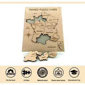 France Map Wooden Puzzle Engraved Country, French Educational Game Toy ...