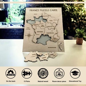 France Map Wooden Puzzle Engraved Country, French Educational Geography ...