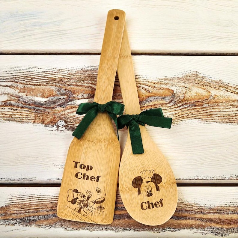 Mickey Mouse Engraved Spoon and Spatula Set of Wood, Cartoon Kitchen ...