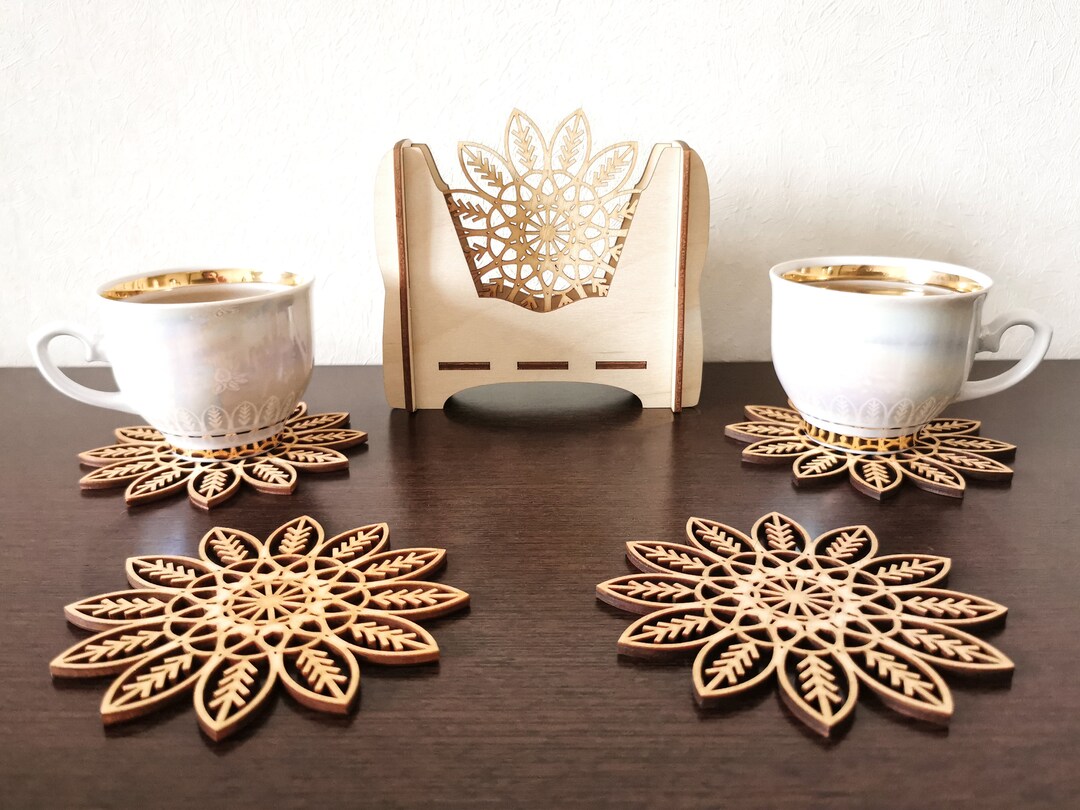 Laser Cut Flower Wooden Coaster Set With Holder Coffee Table - Etsy
