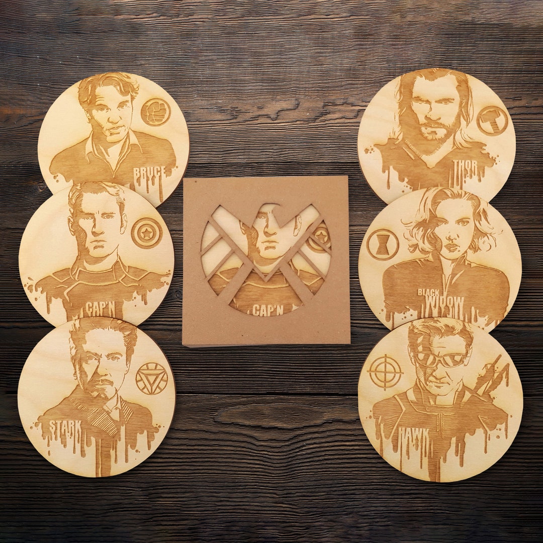 Avengers Engraved Wood Coasters: Superhero Drink Mats, Marvel Inspired ...