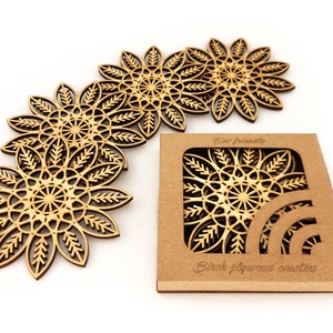 Laser Cut Flower Wooden Coaster Set With Holder Coffee Table - Etsy
