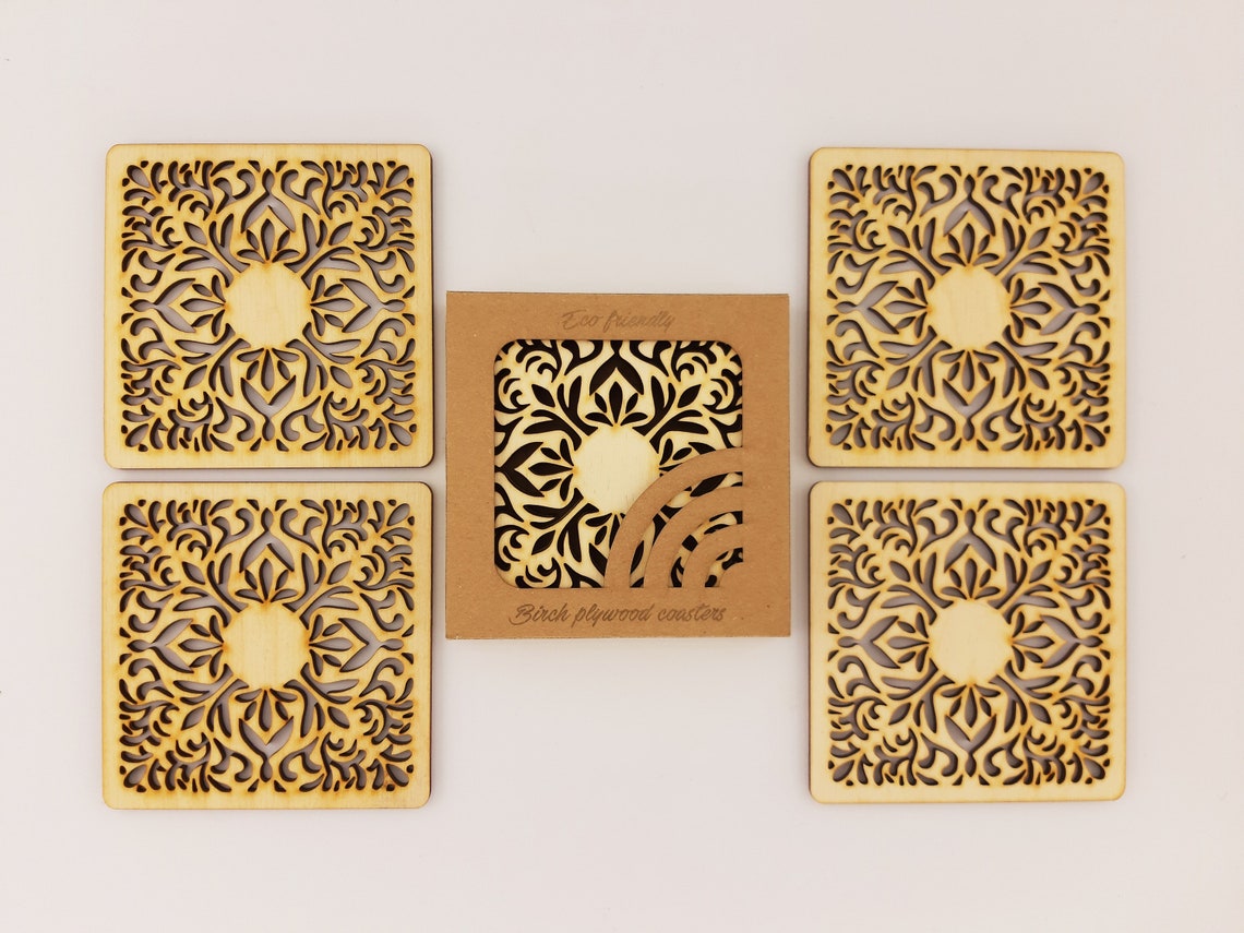 Square Coaster of Wood Housewarming Gift Set of 4 Laser Cut | Etsy