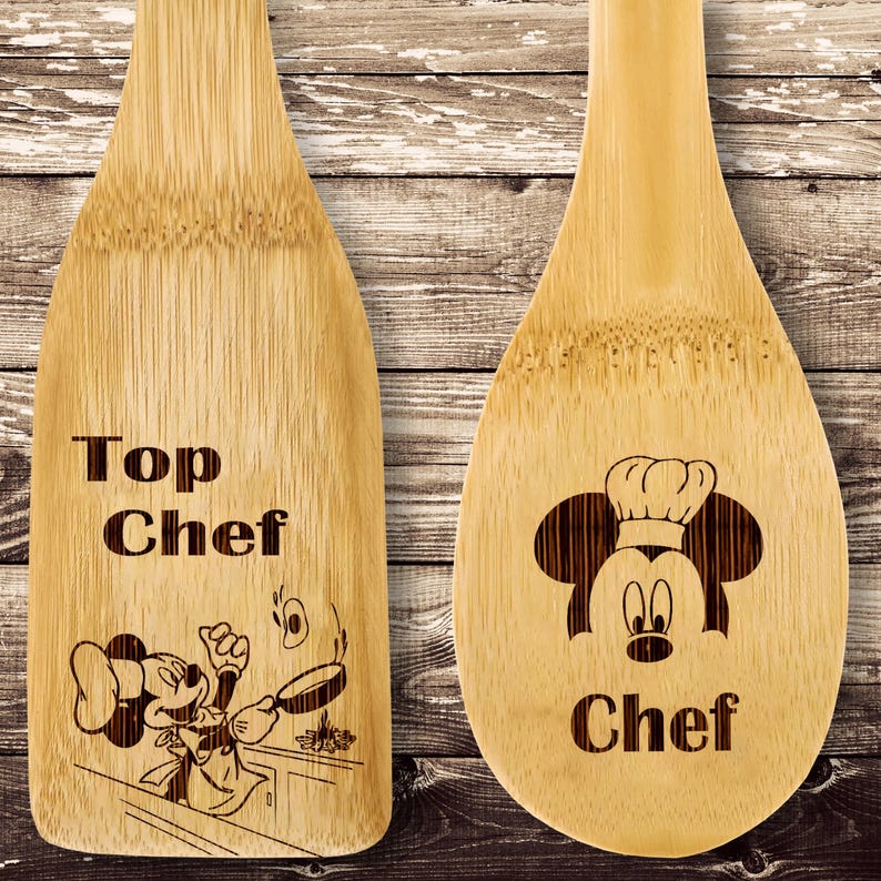 Mickey Mouse Engraved Spoon and Spatula Set of Wood, Cartoon Kitchen ...