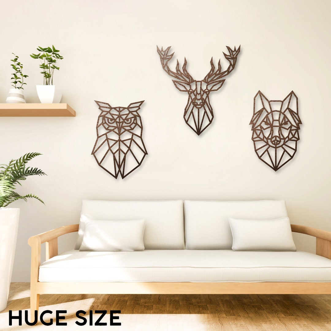 Forest Animal Wall Decor of Wood, Set of 3 Geometric Owl - Deer - Wolf ...