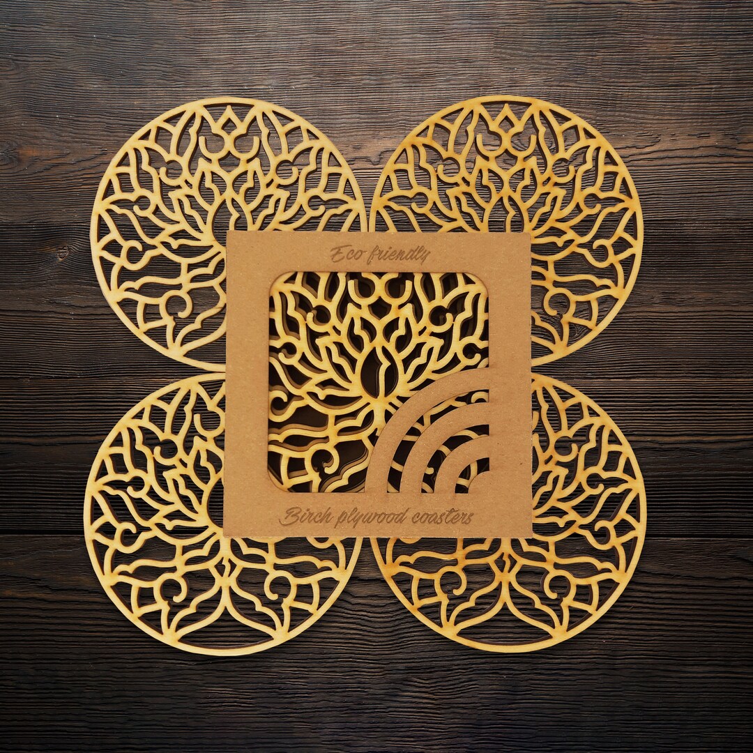 Wood Coaster With Holder, Laser Cut Coaster With Flower Design, Set of ...