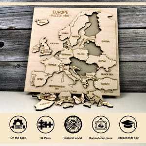Map of Europe Wooden Puzzle, Engraved Continent Educational Toy, Laser ...