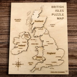 Great British Map Wooden Puzzle, Laser Engraved Custom Geography Game ...