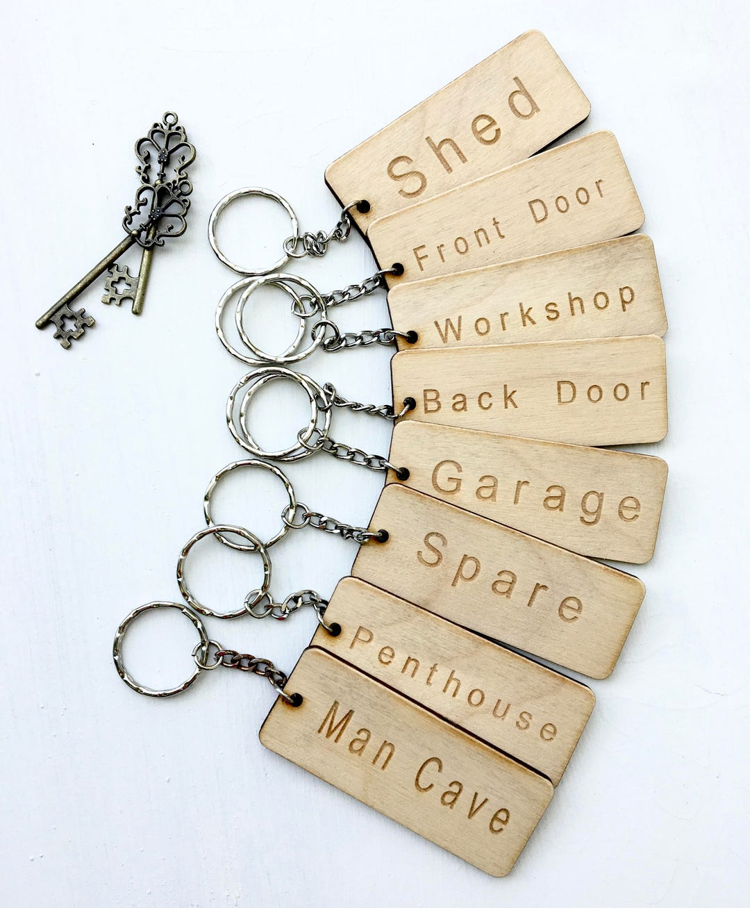 Engraved Wooden Key Rings for Doors and Windows for All Your Spare Keys ...