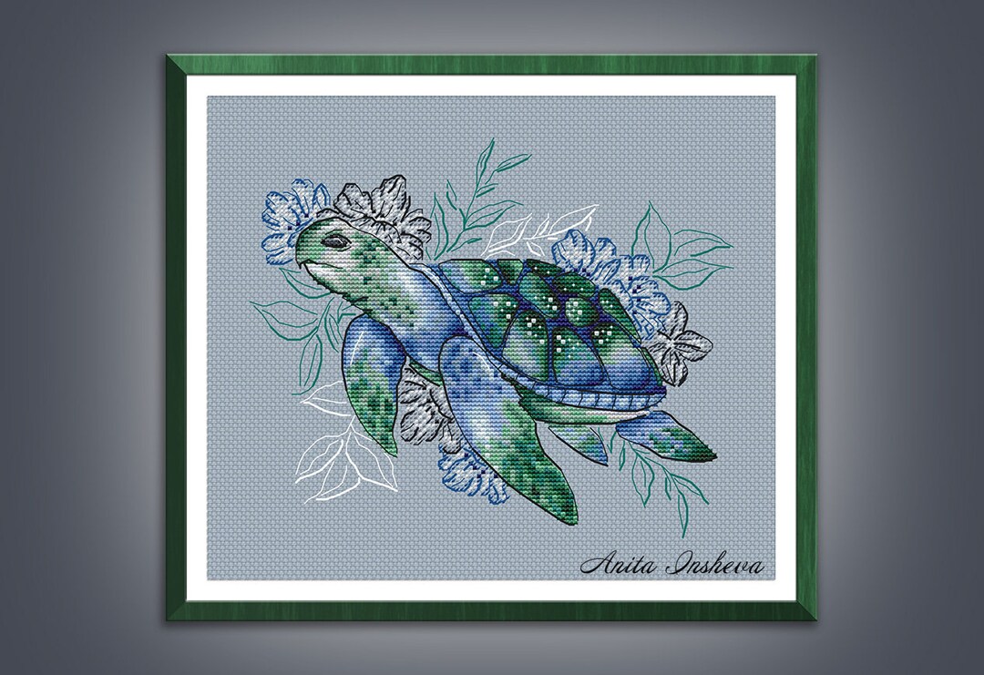 Cross Stitch Pattern Blooming Turtle Cross Stitch Pattern Modern Embroidery Marine Flowers Chart ...