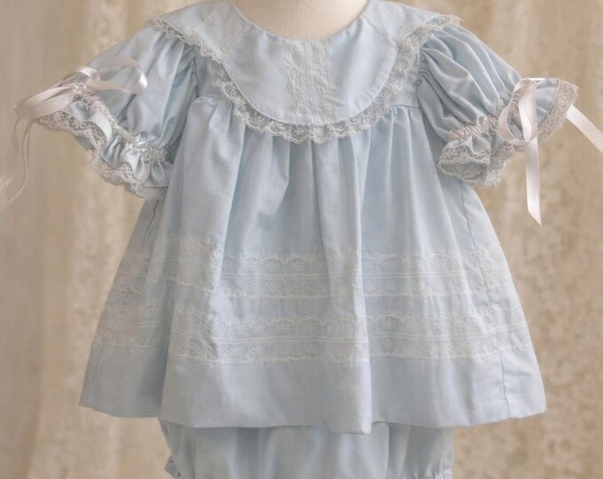 Baby Blue Heirloom Dress and Bloomer Set | Lace Trim Infant Outfit ...