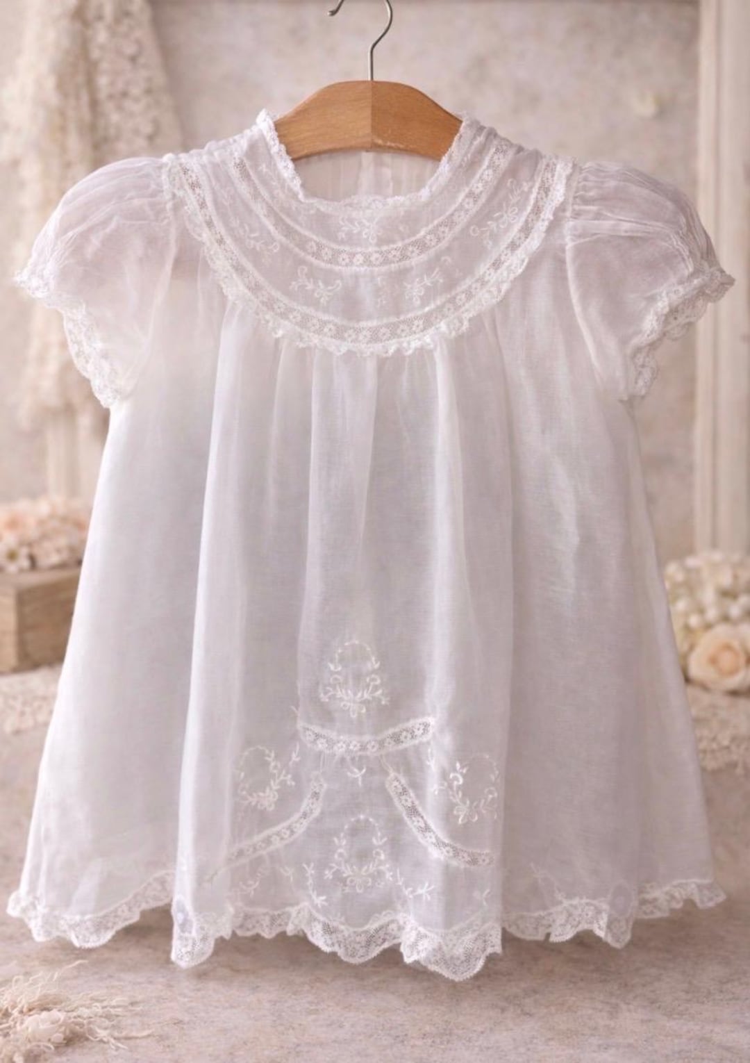 Vintage Heirloom Baby Dress | Sheer Lace Trim Christening Gown, Pintuck ...