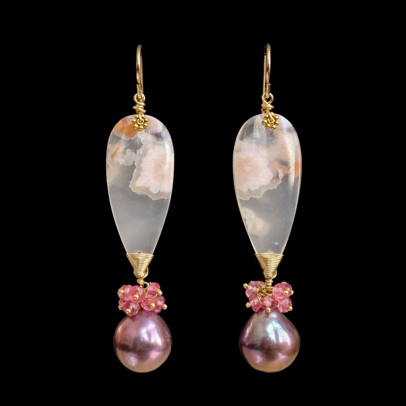 Cherry Blossom Agate Earrings Pearl Earrings Tourmaline - Etsy