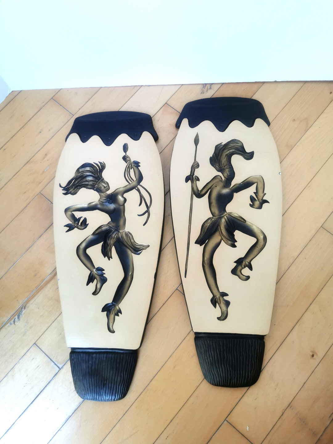 Large Vintage Chalkware Tribal Dancers Wall Plaques Hangings Deveraux ...
