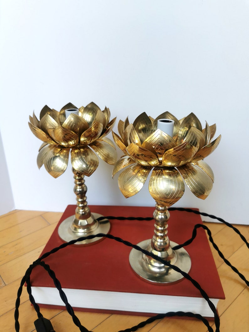 Rare Vintage Pair Brass Lotus Flower Lamps Feldman Lighting Mid Century ...