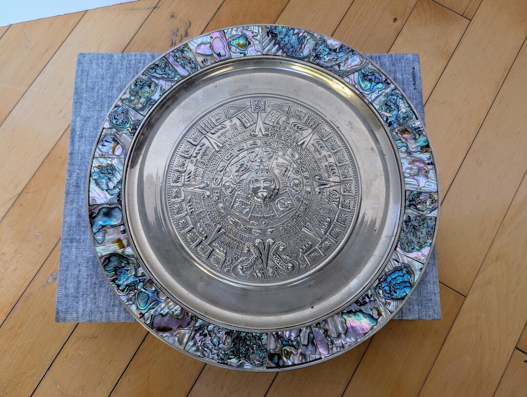 Vintage Mexican Alpaca and Abalone Shell Aztec Mayan Calendar Wall ...