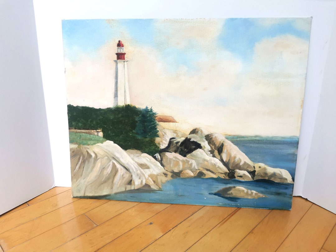 Large Vintage Lighthouse Original Oil Painting Unsigned Unframed on ...