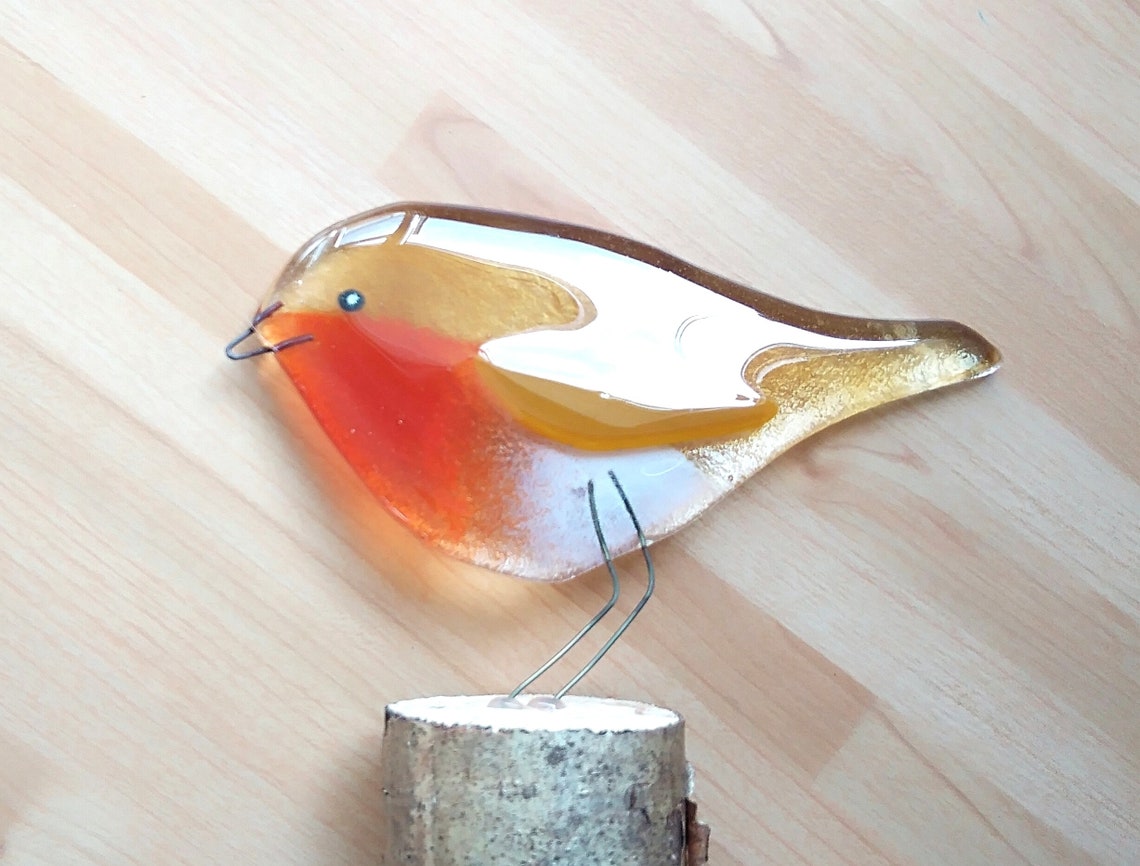 Robin on a Log Fused Glass Standing Robin Beautiful Glass | Etsy UK
