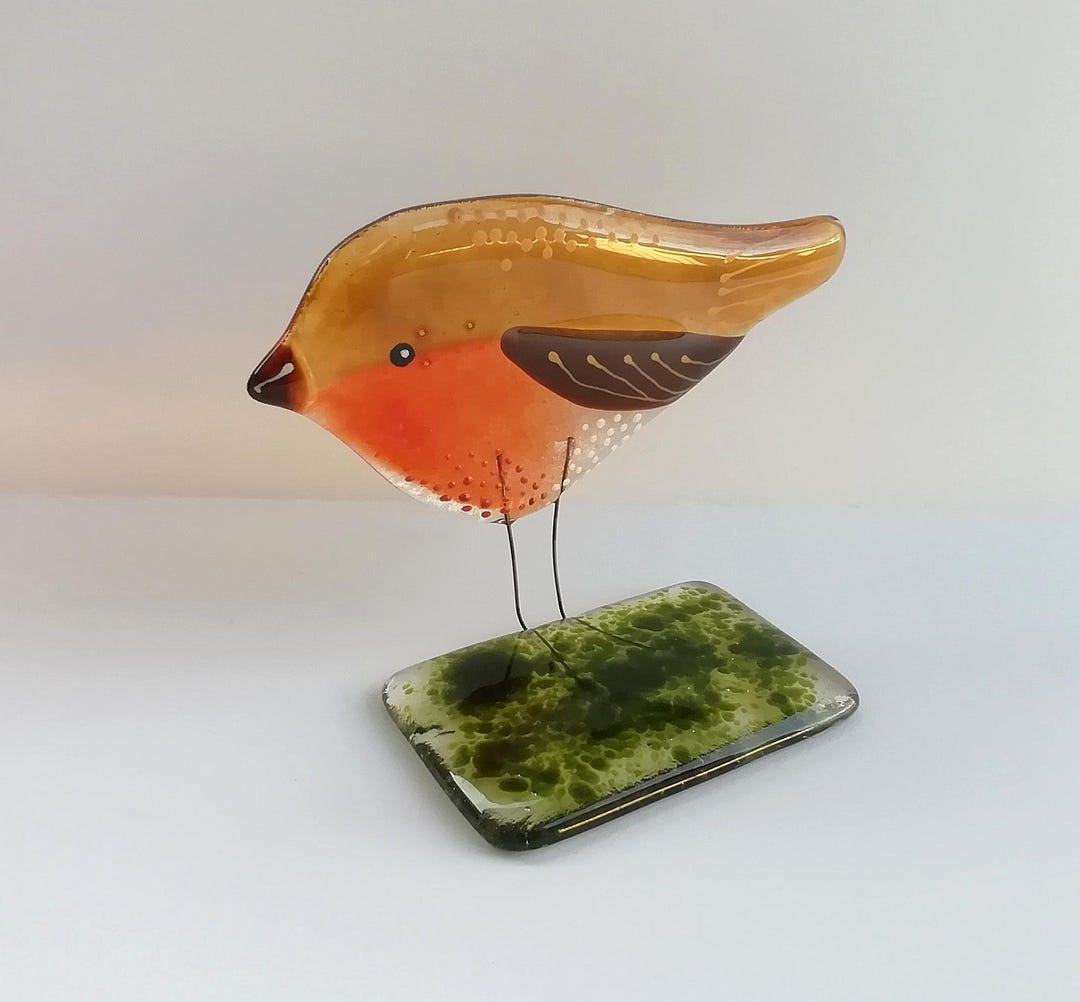 Fused Glass Robin Ornament, Freestanding British Bird Decor - Etsy