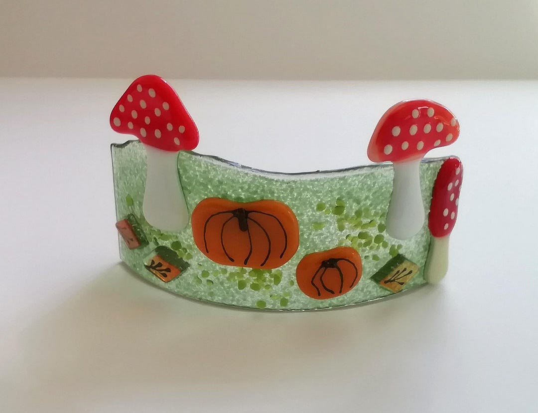 Toadstool Candle Screen, Autumnal Tealight Screen, Autumn Decor, Fused ...