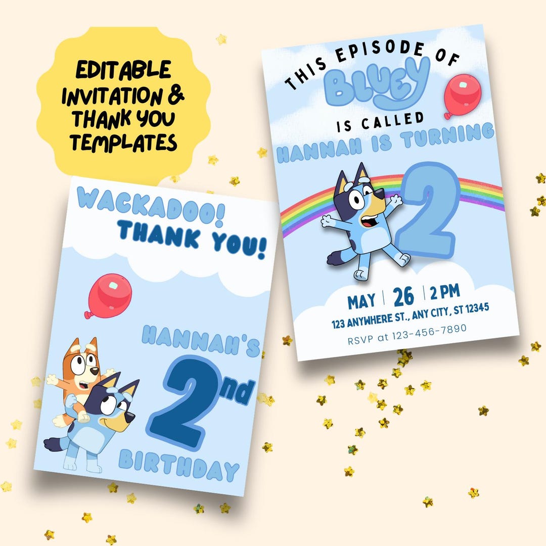 Editable Bluey & Bingo Invitations and Thank You Cards Template Canva ...