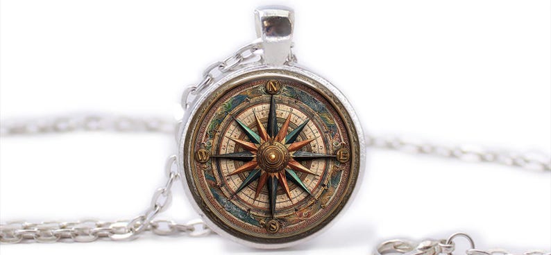 Nautical Compass Wind Rose Glass Art Pendant Necklace NOT REAL COMPASS ...