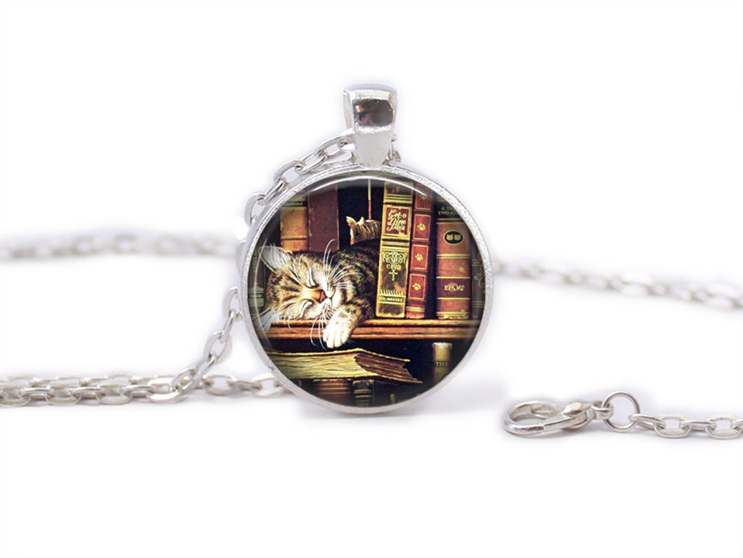Library Necklace Book Necklace Cat Jewelry Librarian Gift Book Jewelry ...
