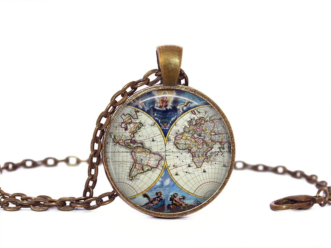 World Map Necklace World Map Pendant Old Map Necklace Old Map - Etsy