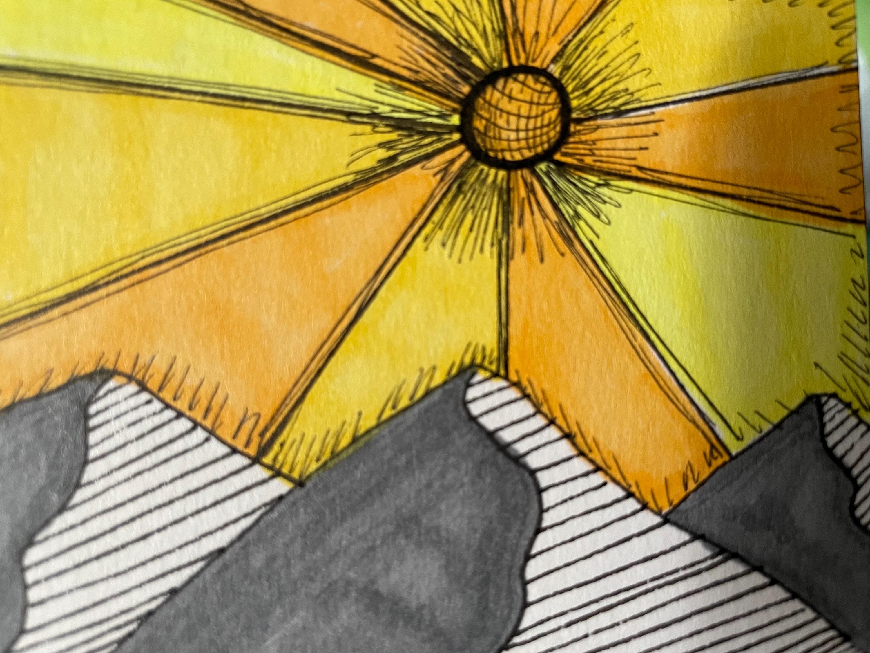 Mountain Sunrise Watercolor Art: Hand-drawn Zentangle Landscape (4x4 ...