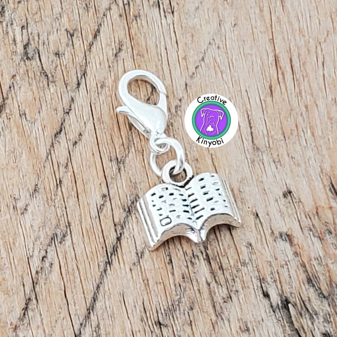 Book Charm, Silver Book Zipper Charm, Book Stitch Marker, Tiny Open ...
