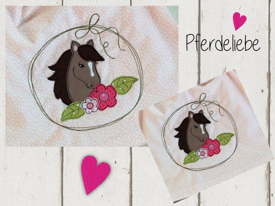 Stickdatei Pferdekopf Button Stickmotiv Doodle Pony Pferd Pferdeliebe mit Blumenkranz 18x30 7x12 ...