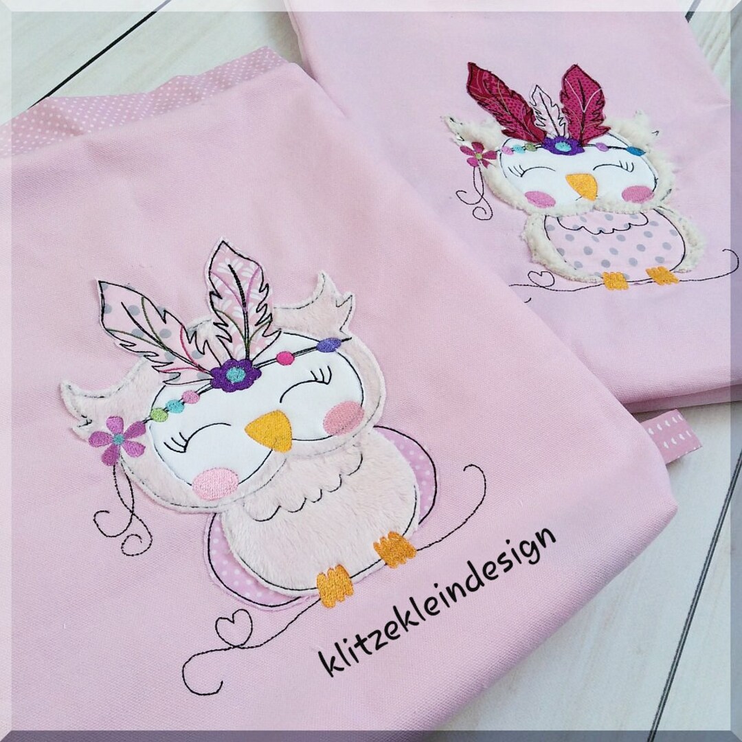 2x Stickdateien boho Eule Stickdatei Doodle Eule Applikation mit Feder und Blumen 18x30 7x12 ...