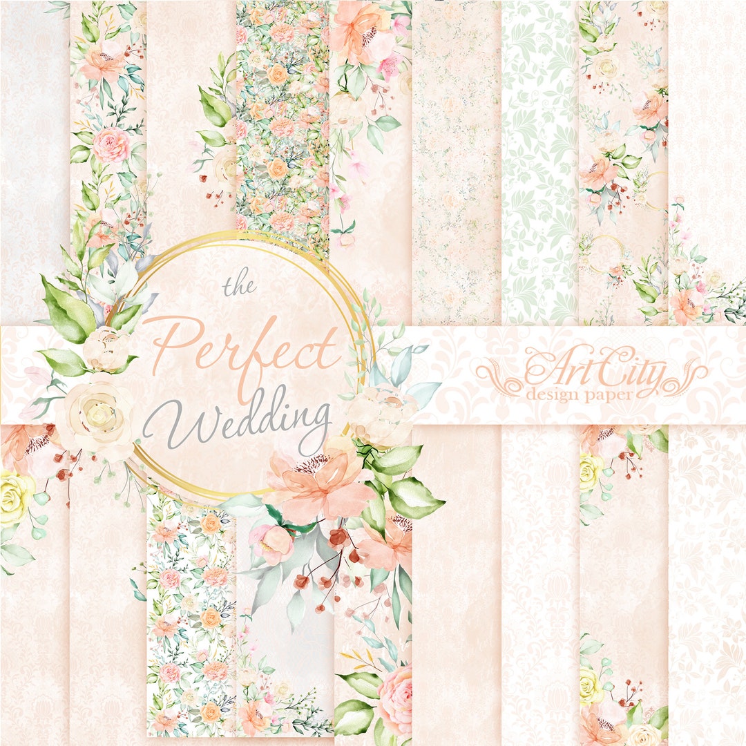 The Perfect Wedding Digital Paper, Elegant Floral Scrapbook, Peach and ...
