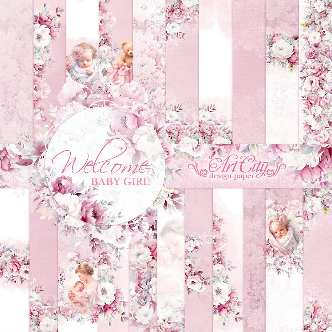 Pastel Pink Baby Girl Digital Paper Pack - Floral Newborn Scrapbook Set ...