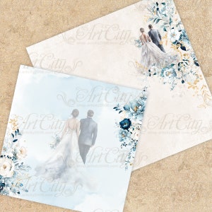 Bride and Groom Blue Wedding Digital Paper Golden Flower Scrapbook Love ...