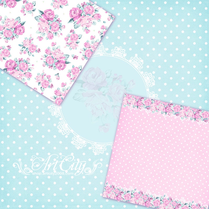 Fresh Pink and Mint Digital Paper Flower Scrapbook Background - Etsy