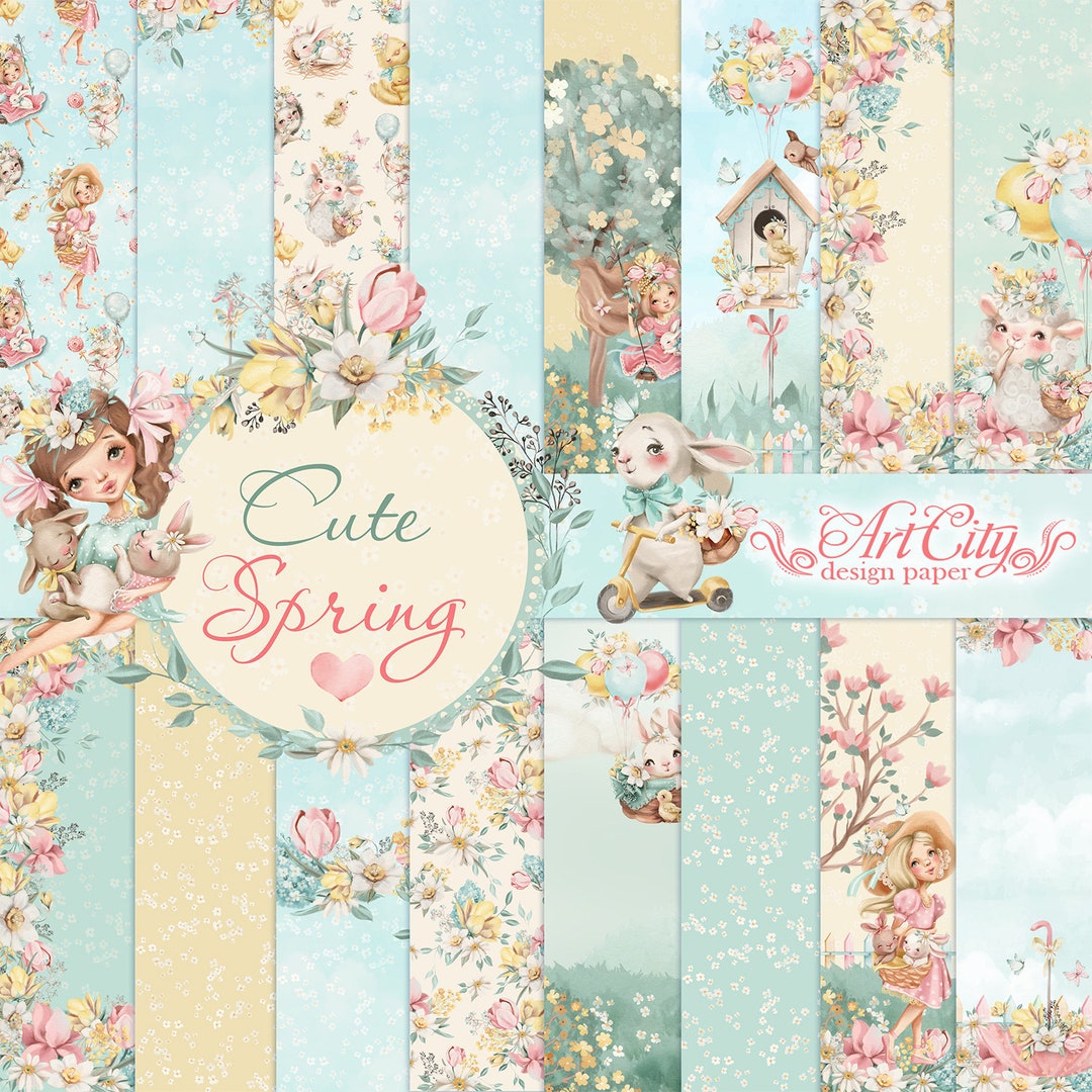 Cute Spring Digital Paper Pack - Pastel Floral Bunny, Lamb & Bird ...