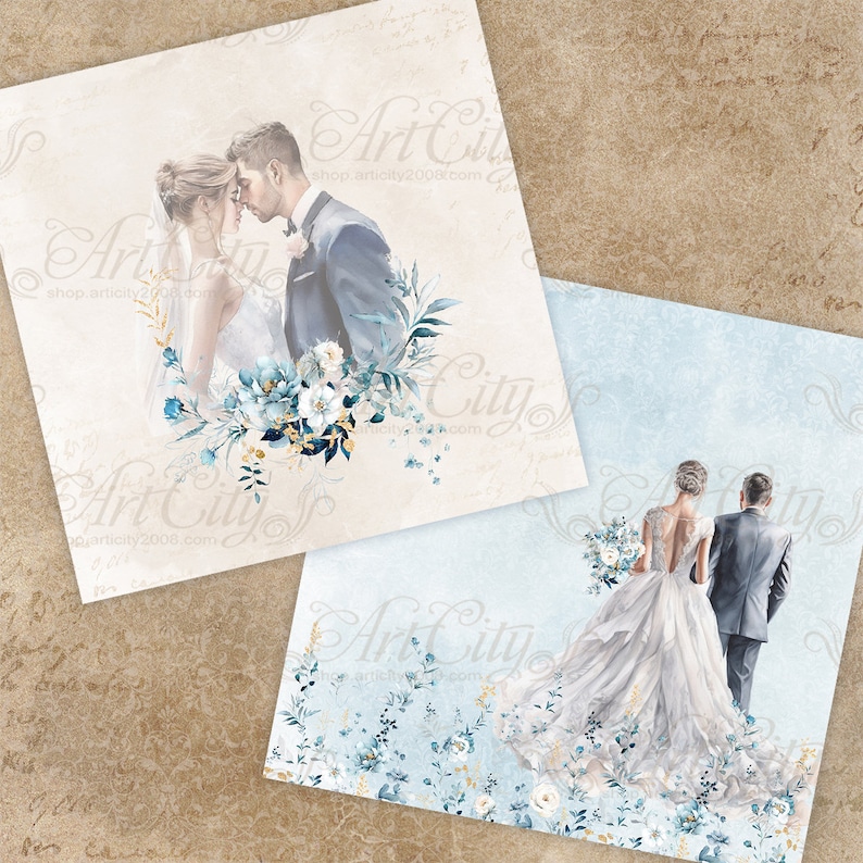 Bride and Groom Blue Wedding Digital Paper Golden Flower - Etsy