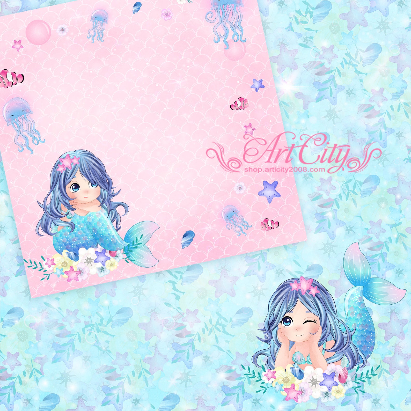 Little Mermaids Digital Paper Cute Children Collection Summer - Etsy